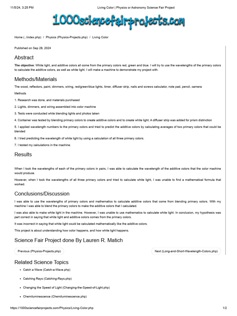 Living Color - Physics or Astronomy Science Fair Project | PDF | Color ...