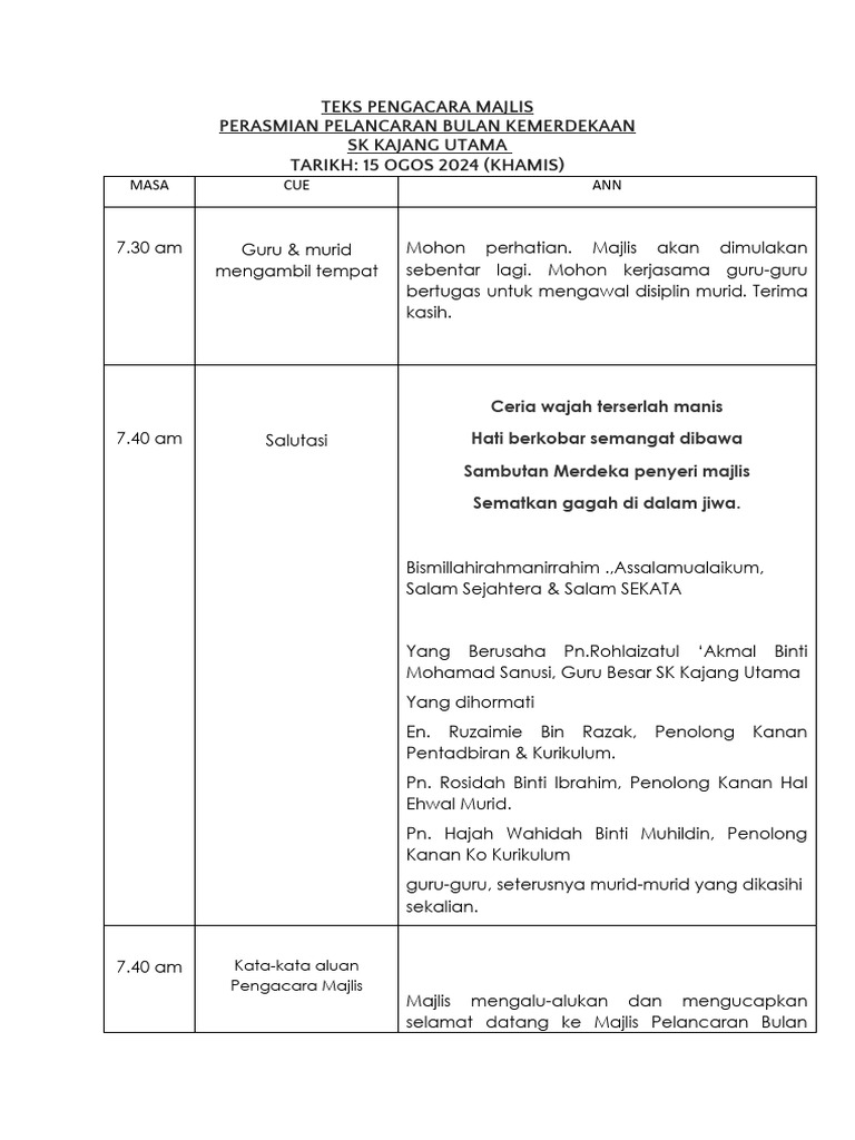 Teks Pengacara Majlis Perasmian Pelancaran Bulan Kemerdekaan 2024 | PDF