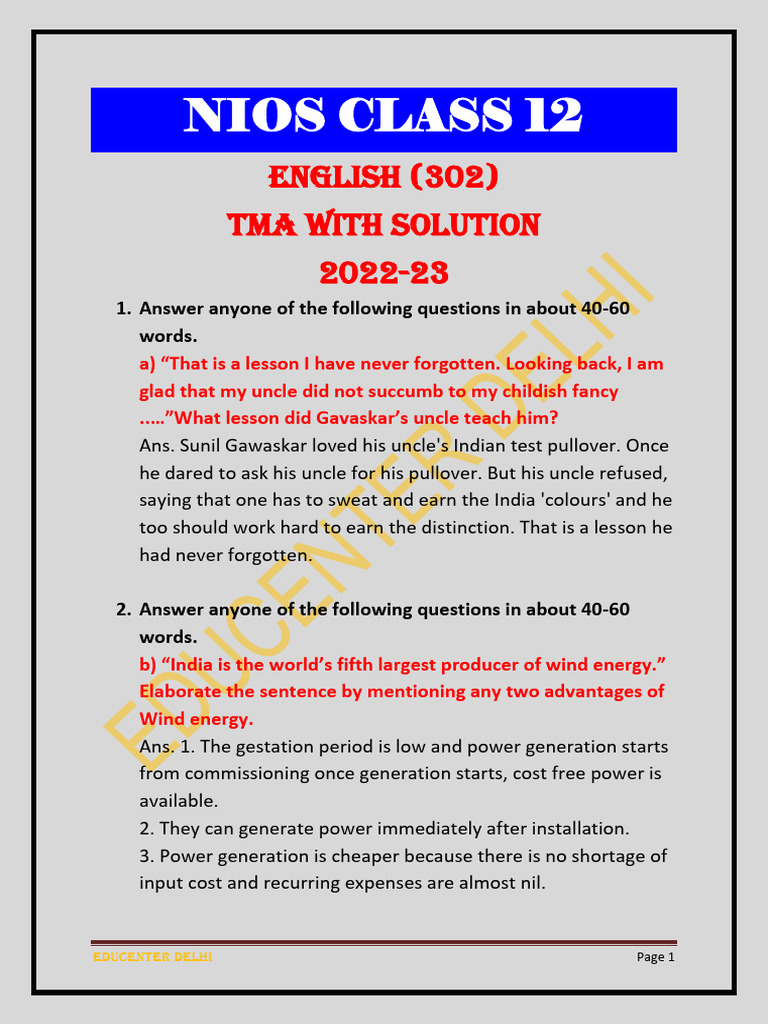 Nios Class 12 English Tma 2023 | PDF | Rabindranath Tagore