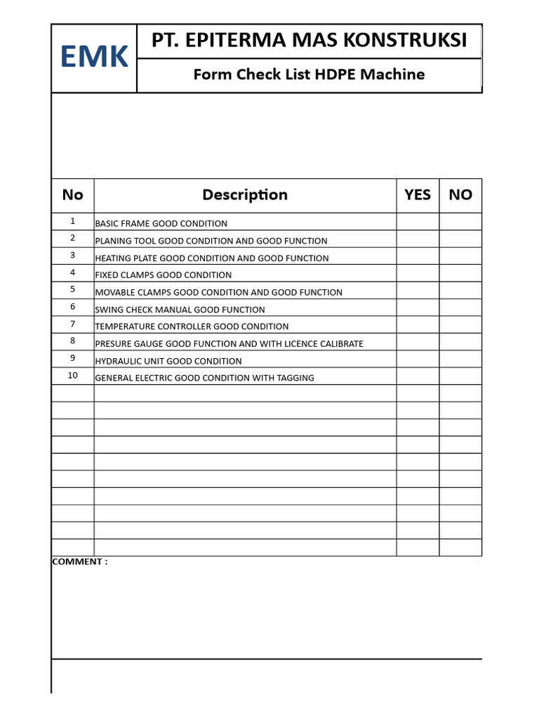 411896701-Form-Checklist-Machine-SHD-160-Butt-Fusion | PDF
