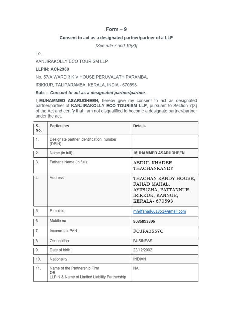 Form No. 9 Consent by Muhammed Asarudheen - Ok | PDF | Limited ...
