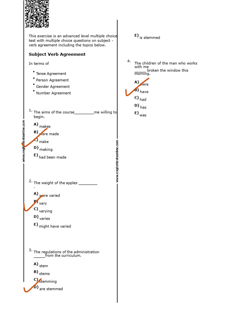 506 Subject Verb Agreement Test Exercises Multiple Choice Questions ...