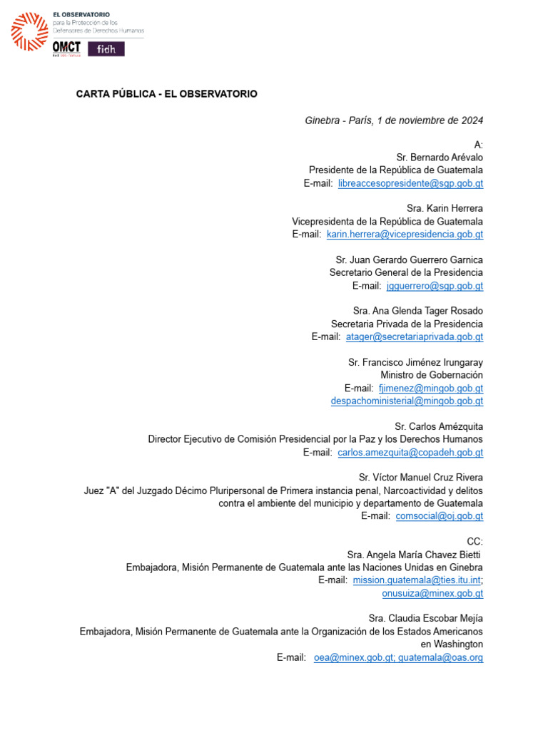 Carta Publica OBS Guate 31102024 - signedOMCT | PDF | Guatemala | Debido al proceso