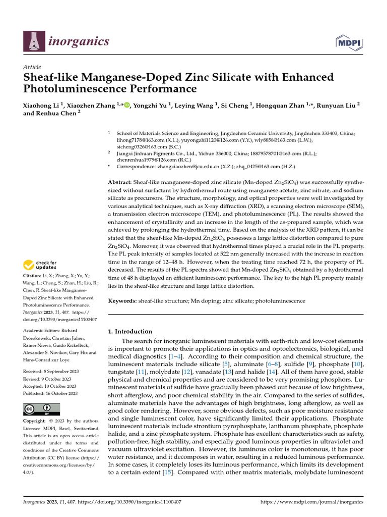 Sheaf-Like Manganese-Doped Zinc Silicate With Enhanced ...