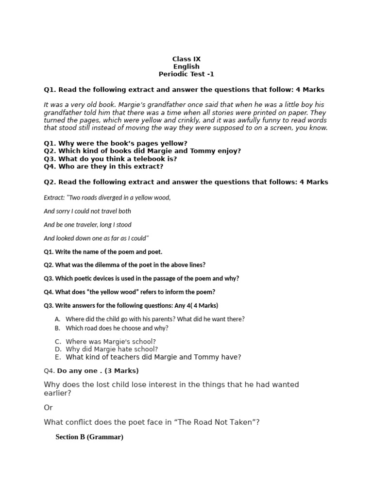 Class 9 English Periodic Test 1 Paper | PDF | Language Arts ...