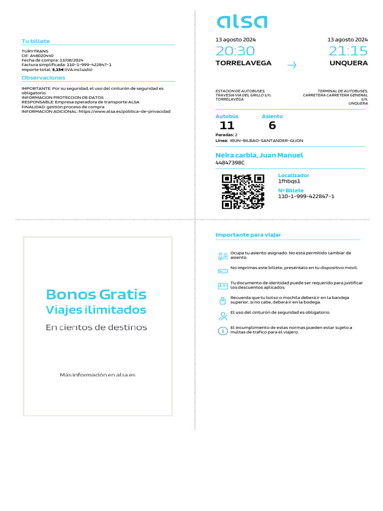 Ticket Bus Ejemplo ALSA | PDF | Factura