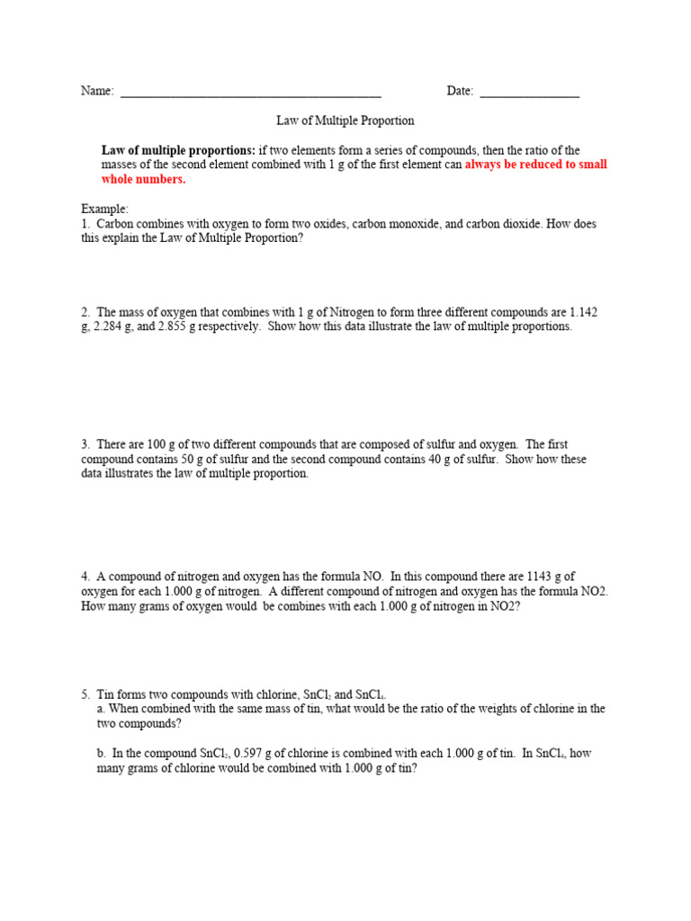 Law of Multiple Proportion | PDF | Science & Mathematics | Technology ...
