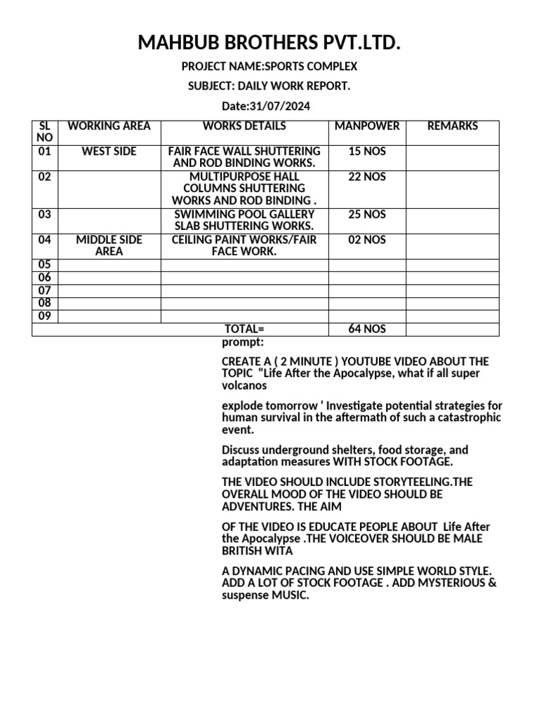 Daily Work Report: Sports Complex Project | PDF