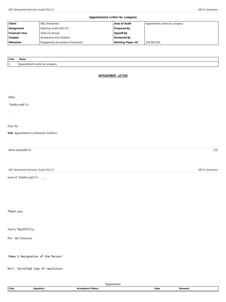 100-001-001 - Appointment Letter by Company - ABC Enterprises-Statutory ...