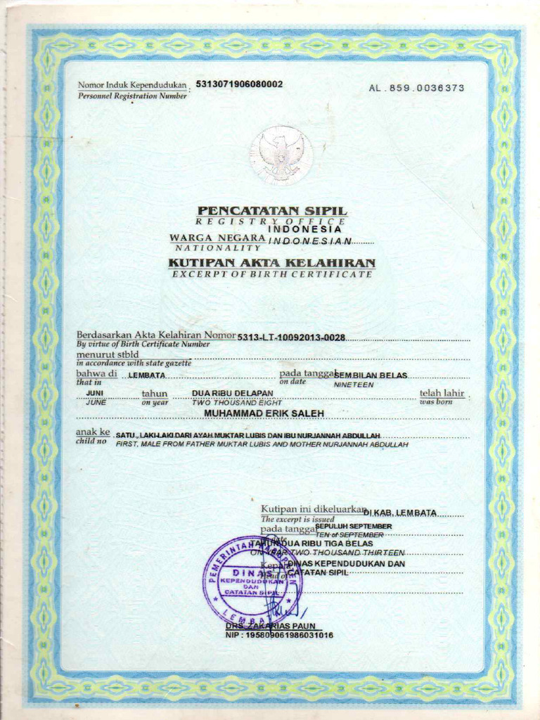 Akta Kelahiran Muhammad Erik Saleh 20241026 - 17343815 | PDF