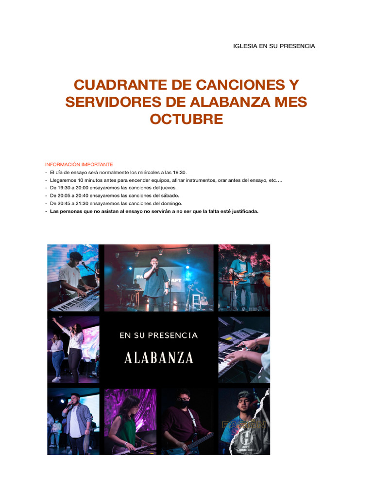Ensayos y Canciones de Alabanza Octubre | PDF | Musica cristiana ...