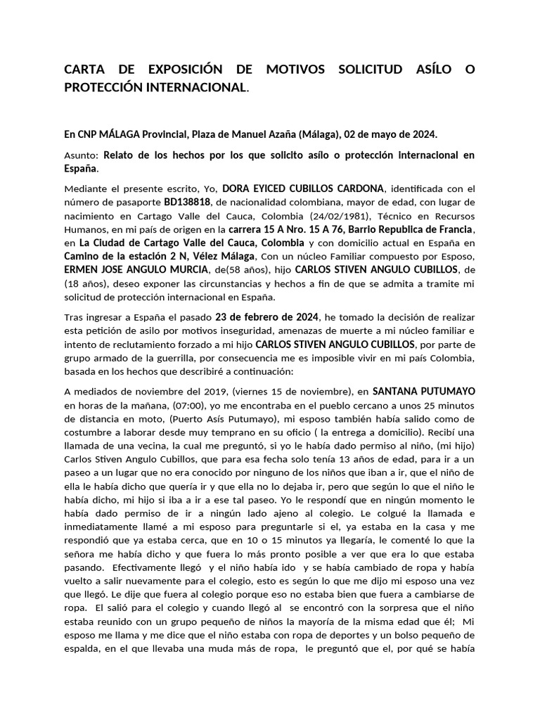 Carta de Exposicion de Motivos Solicitud Asilo o Proteccion Internacional | PDF | Ciencias ...