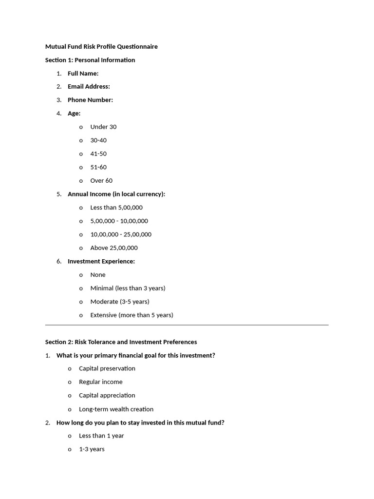 Mutual Fund Risk Profile Questionnaire | PDF | Investing | Risk