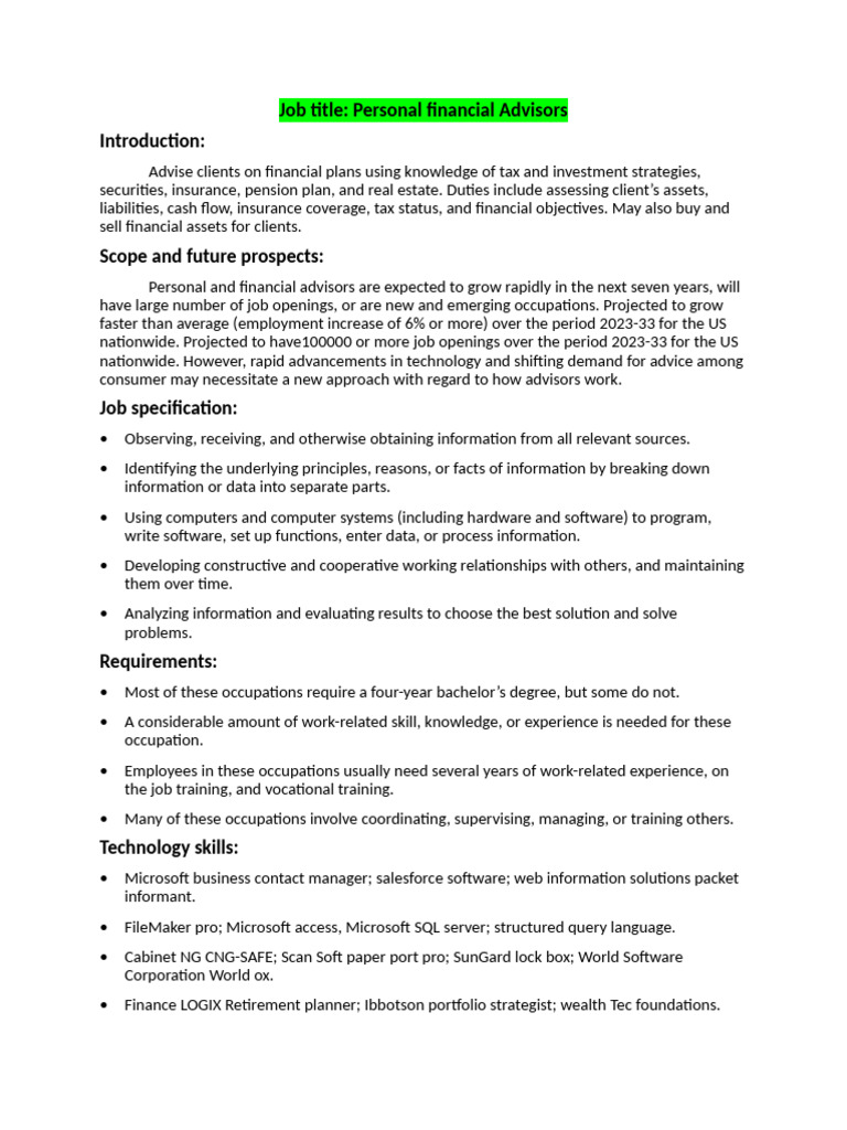 Personal Financial Advisor Career Guide | PDF | Financial Adviser ...