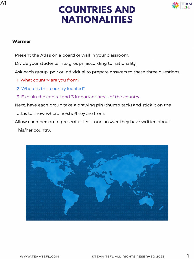Countries and Nationalities A1 ESL Lesson | PDF