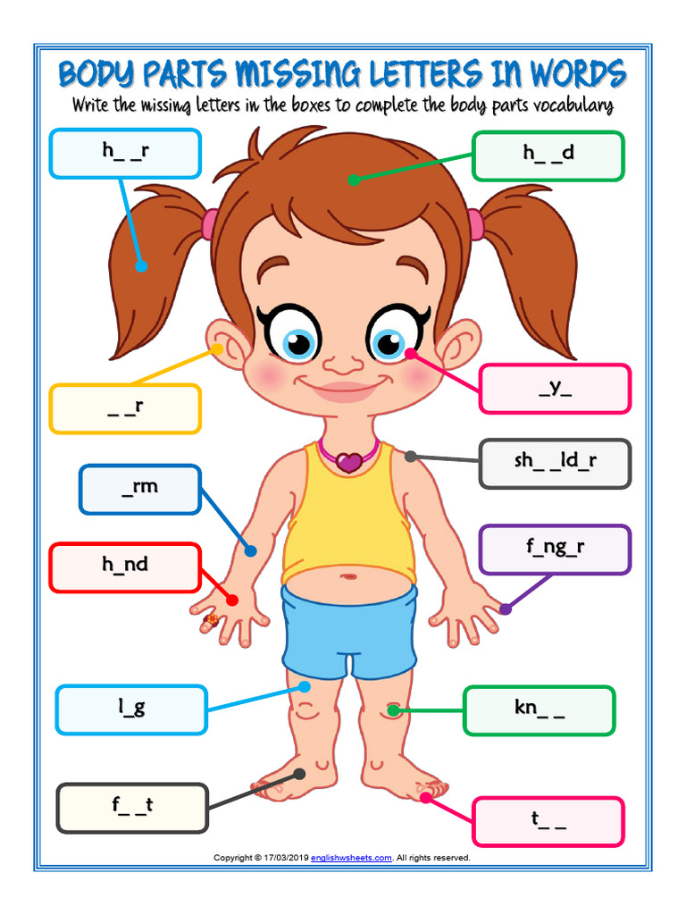 Body Parts Vocabulary Esl Missing Letters in Words Worksheet For Kids | PDF