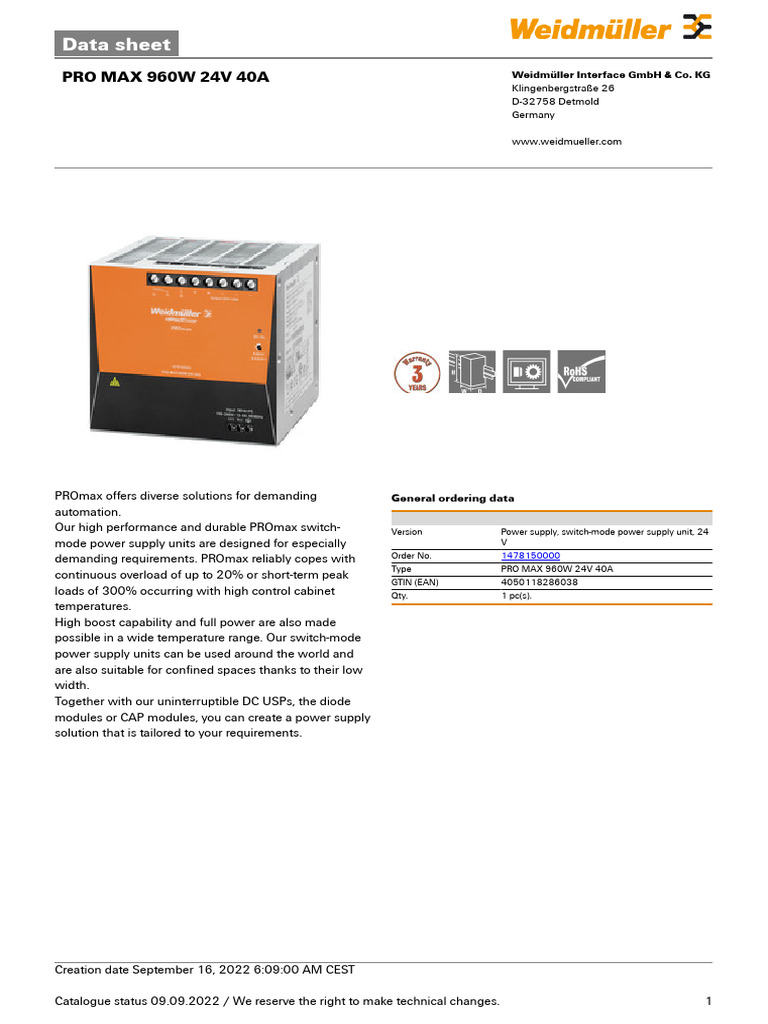 PRO MAX 960W 24V 40A Data Sheet | PDF | Manufactured Goods | Electrical ...