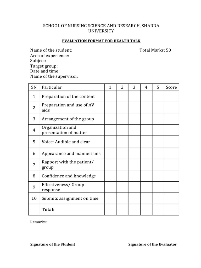 Health Talk Evaluation Format | PDF