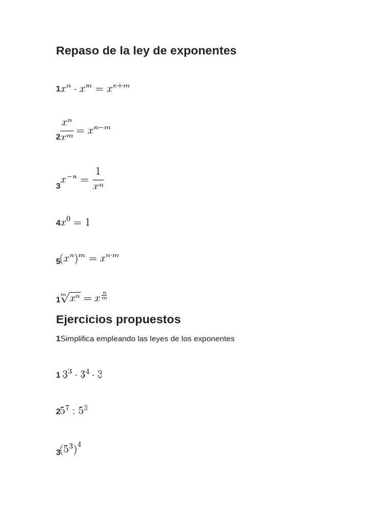Ejercicios de Leyes de Exponentes | PDF | Exponenciación | Multiplicación