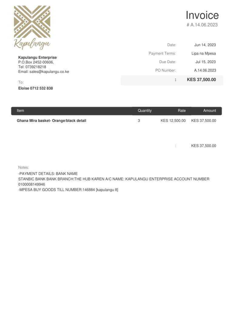 Invoice for Ghana Mira Basket Purchase | PDF
