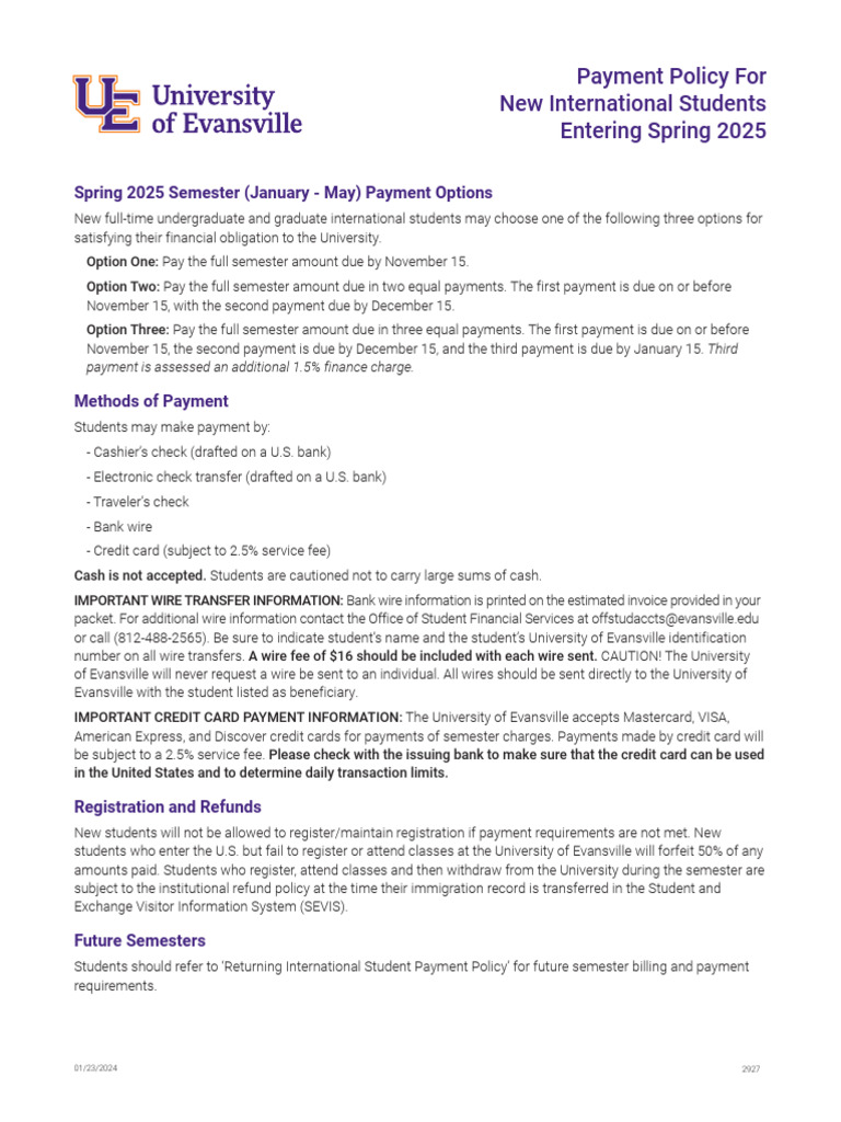 Payment Policy New International Students Entering Spring 2025 | PDF ...