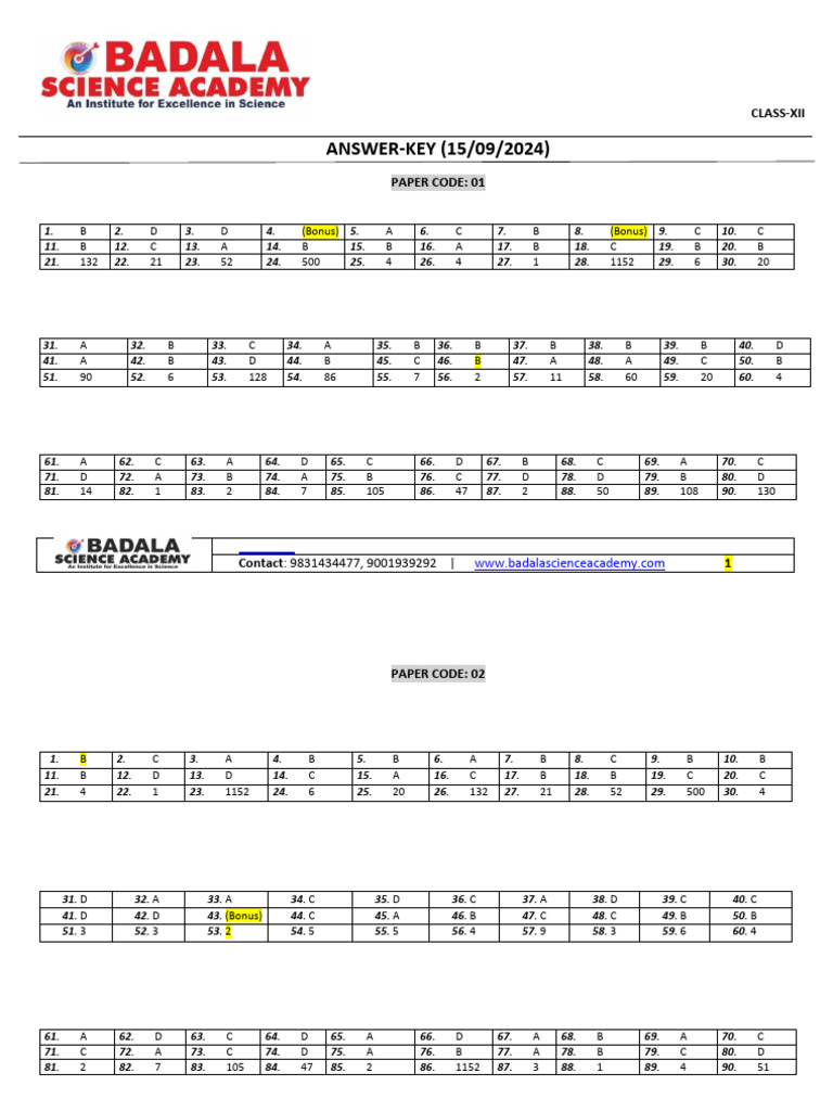 ANSWER KEY XII MPT-04 (1) | PDF | Standardized Tests | Student ...