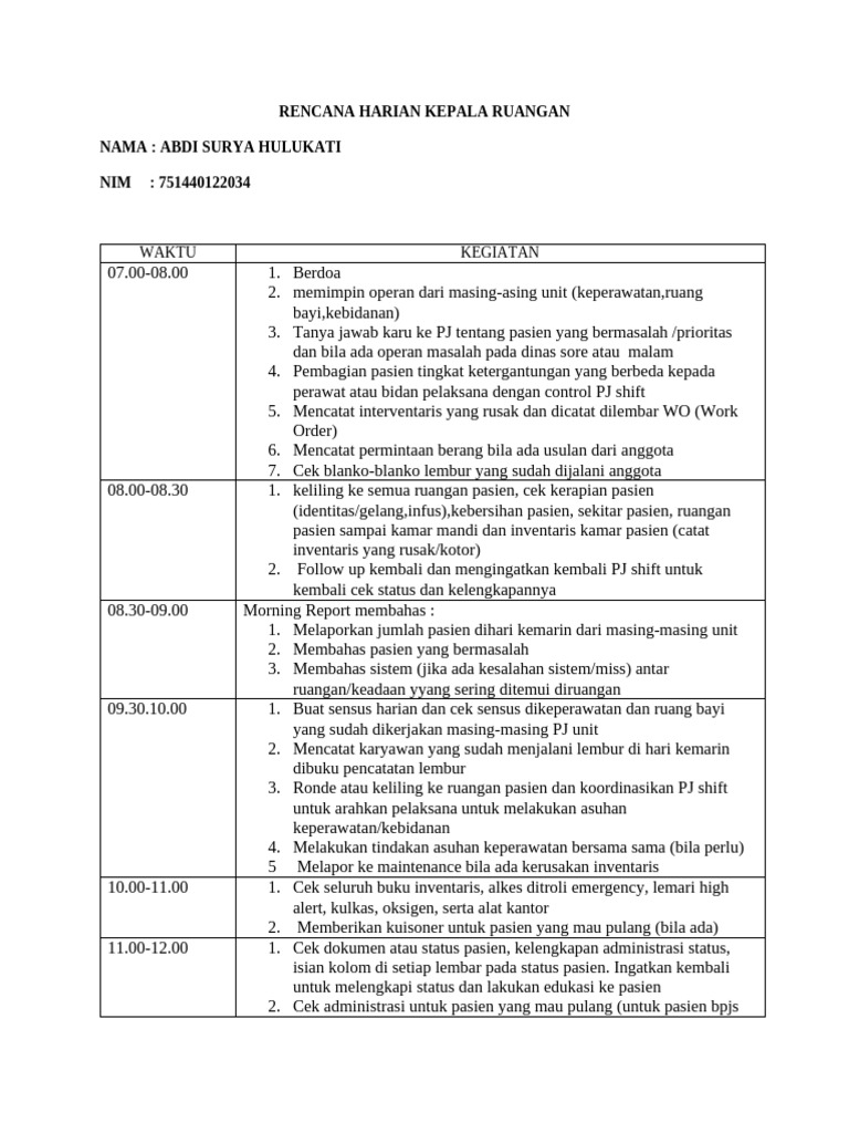 Rencana Harian Kepala Ruangan | PDF