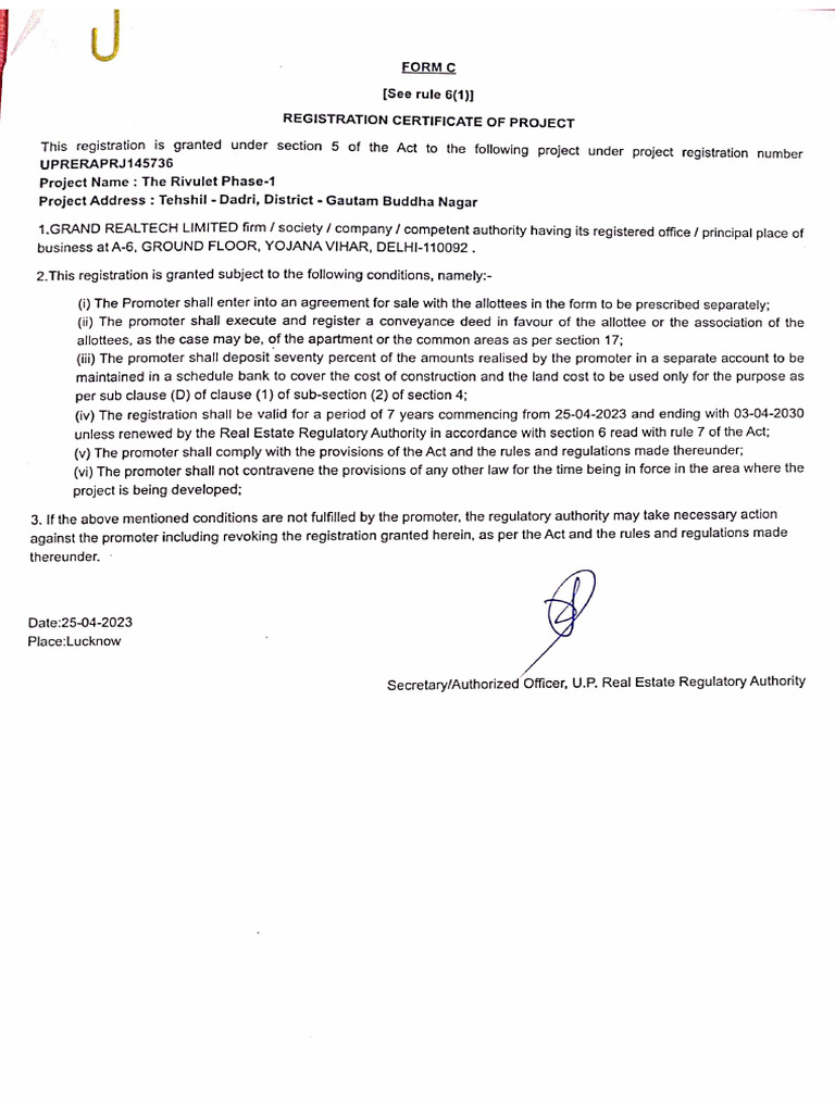 Fusion Rivulet Rera Certificate 03-04-2030 | PDF