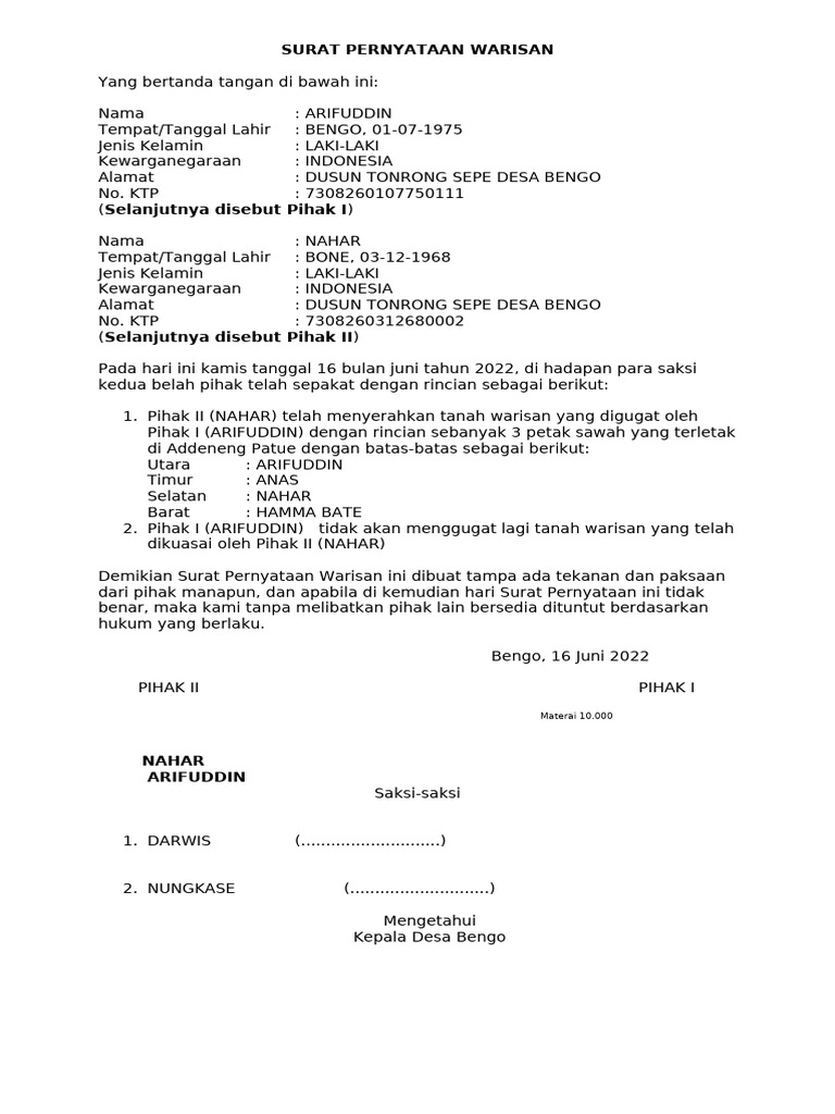 Surat Pernyataan Warisan | PDF