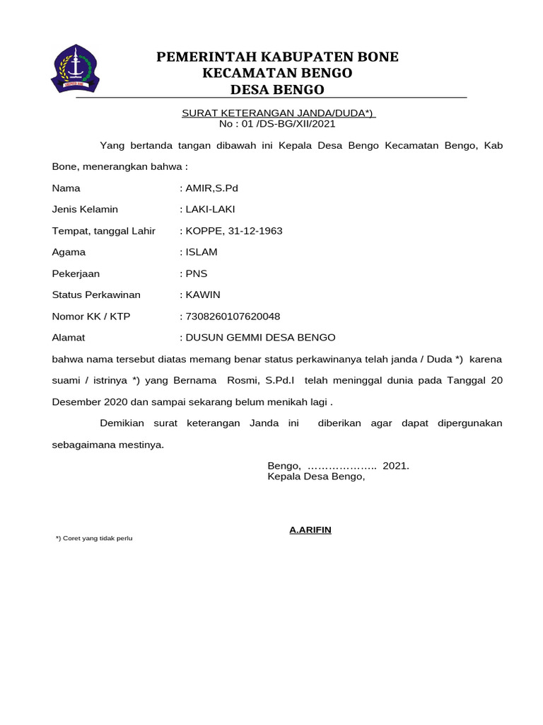 Surat Keterangan Status Janda/Duda | PDF