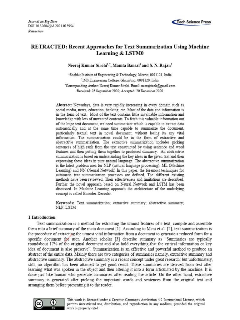 Recent Approaches For Text Summarization | PDF | Artificial Neural Network | Machine Learning