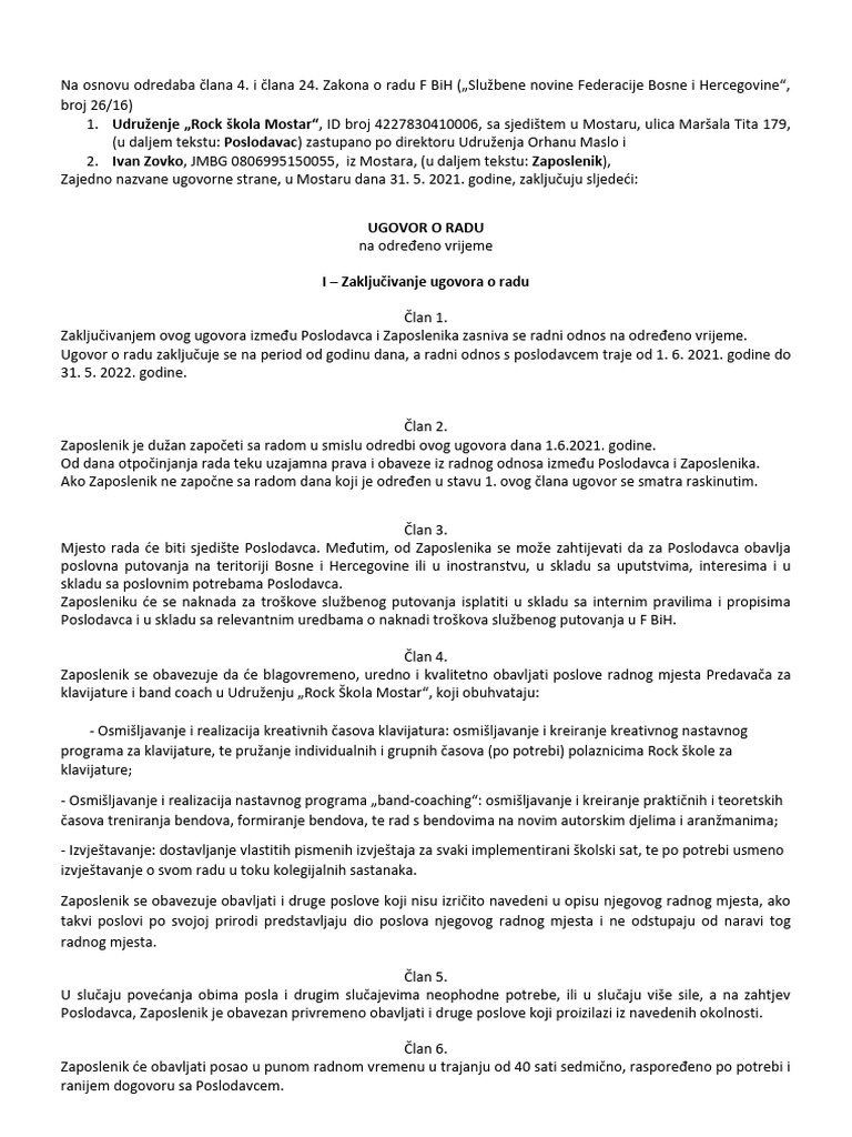 Ugovor o Radu Ivan Zovko | PDF