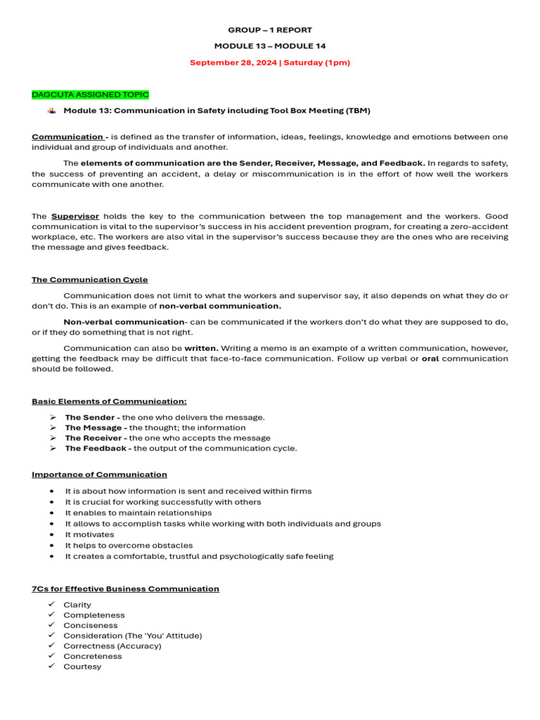 Group 1 - Cosh Final Report - Members Assigned Topic | PDF | Communication | Supervisor