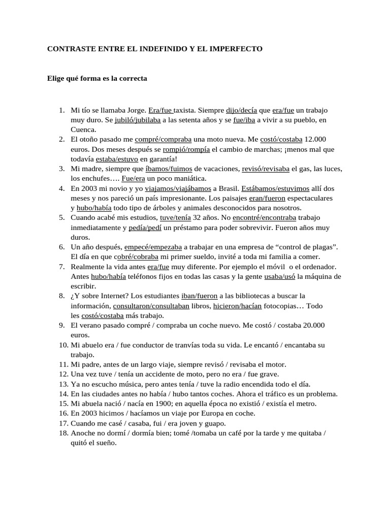 Contraste Entre El Indefinido y El Imperfecto | PDF