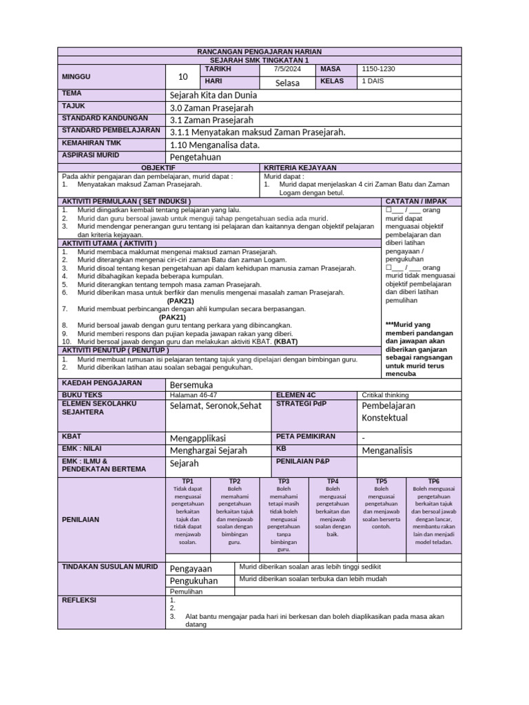 RPH SMK Minggu 10 Sejarah Tingkatan 1 2024 2025 by Cikgu Gorgeous | PDF | Karier & Perkembangan