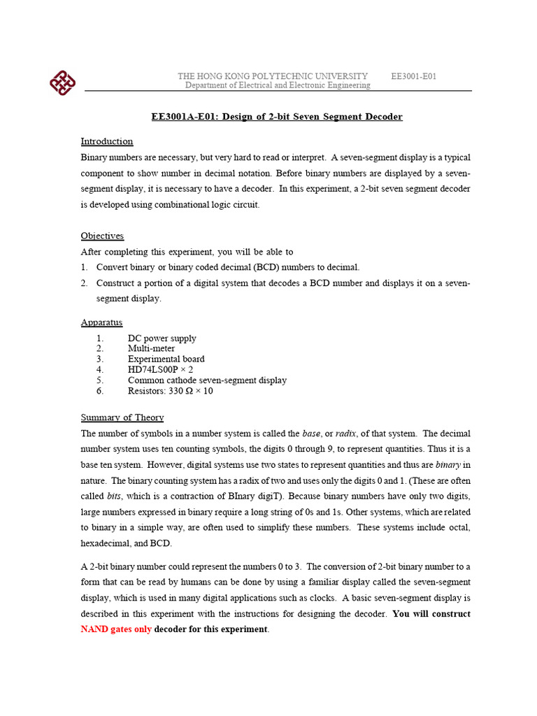 EE3001 Lab 1 - Seven Segment Display 2024 (S) | PDF | Electronic ...