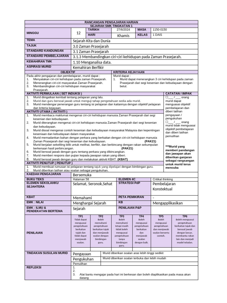 RPH SMK Minggu 12 Sejarah Tingkatan 1 2024 2025 by Cikgu Gorgeous | PDF | Karier & Perkembangan