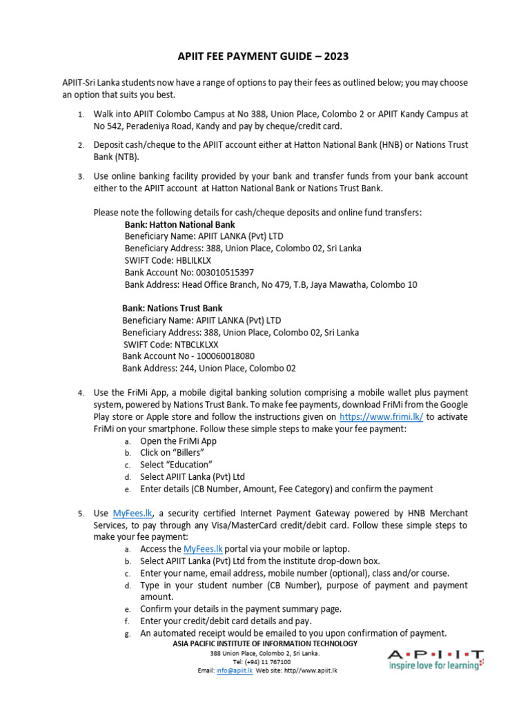 APIIT Fee Payment Guide 2023 | PDF | Payments | Banks