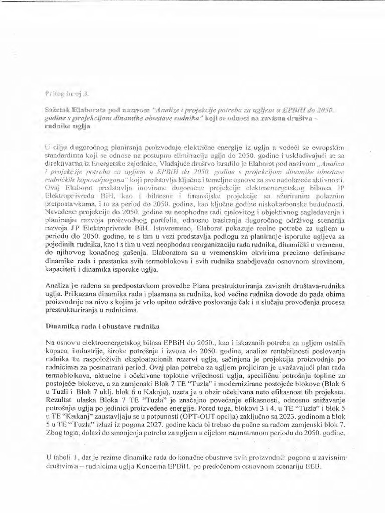 Analiza I Projekcije Potreba Za Ugljem U EPBiH Do 2050. Godine S Projekcijom Dinamike Obustave ...