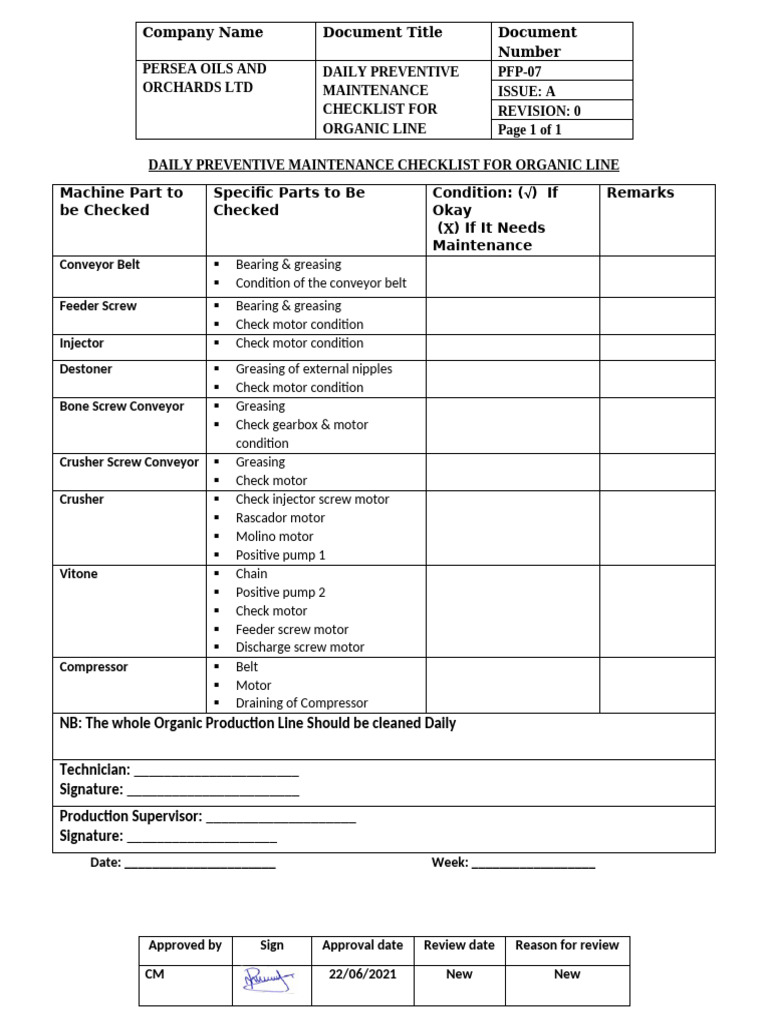 Maintenance Checklist For Organic Line | PDF | Tools | Equipment