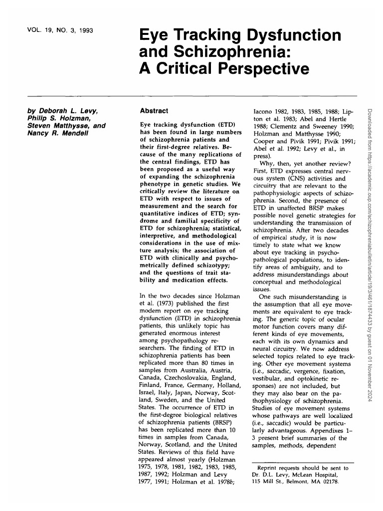 Eye Tracking Dysfunction and Schizophrenia: A Critical Perspective ...