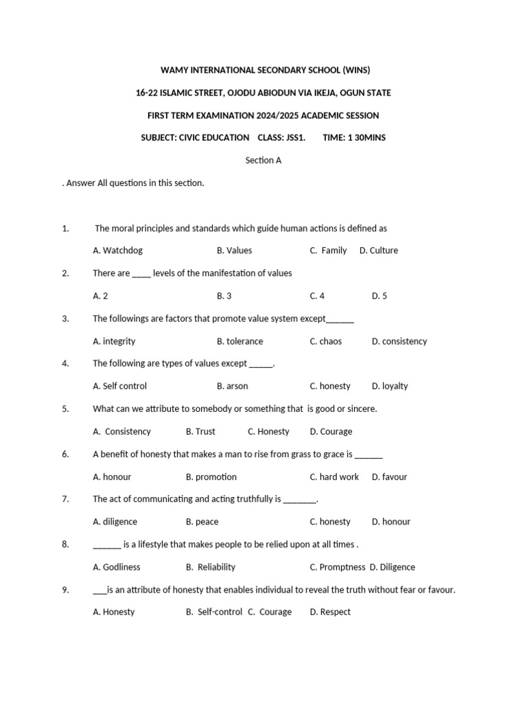 Civic Education Jss1 1st Term 2023-2024 Exam Question | PDF | Crimes | Crime & Violence
