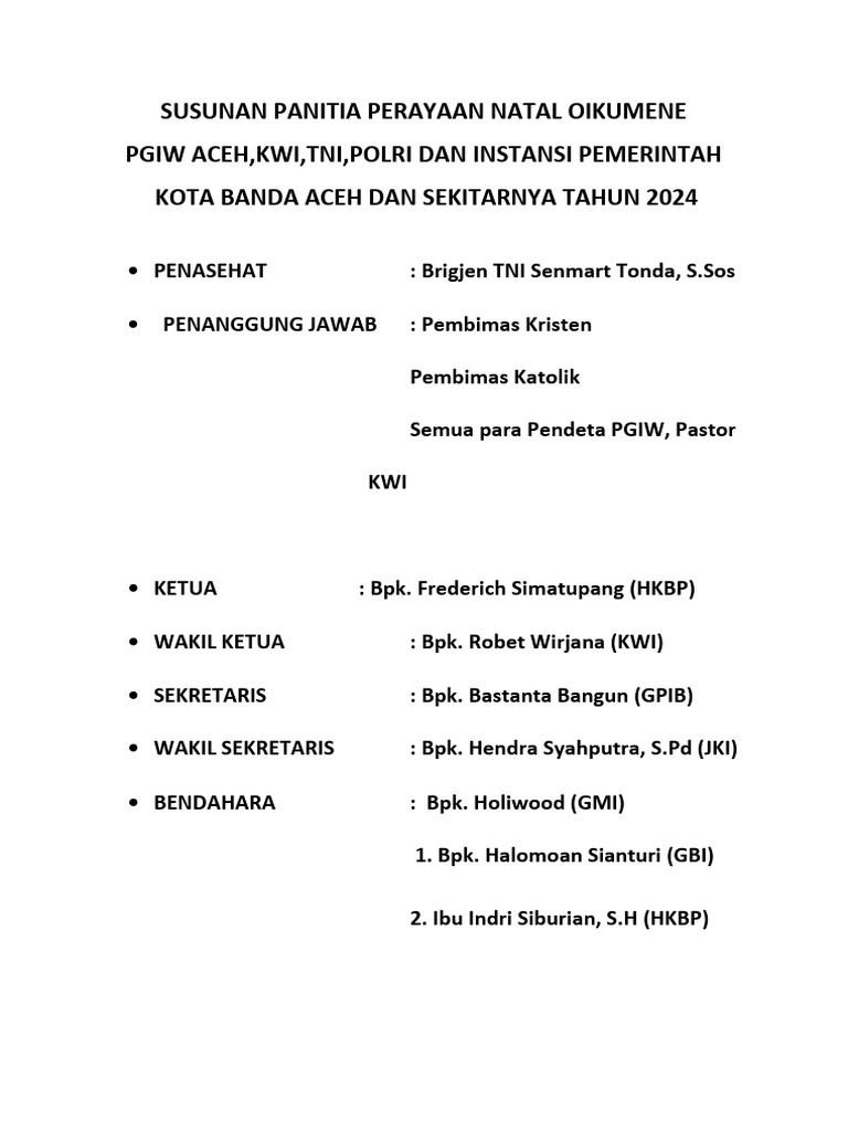 Susunan Panitia Perayaan Natal Oikumene Pgiw Aceh | PDF | Agama & Spiritualitas