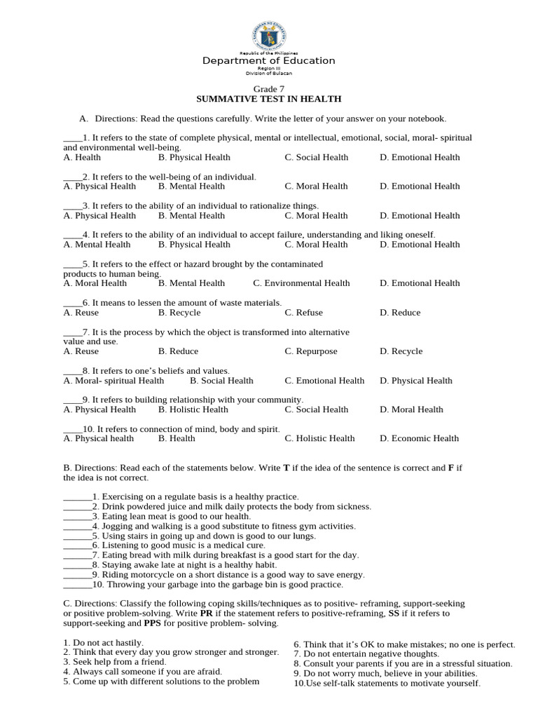 g7 Health Summative Test | PDF | Mental Health | Psychology