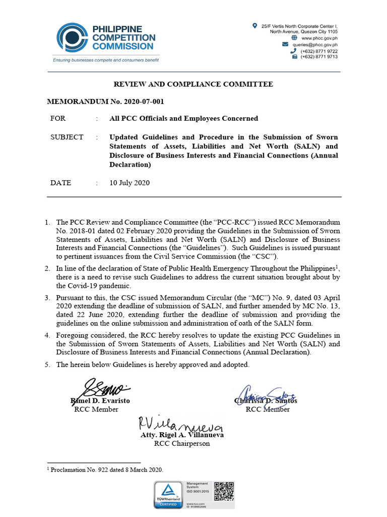 RCC Memorandum 2020 07 001 Revised Guidelines in The Filing of SALN ...