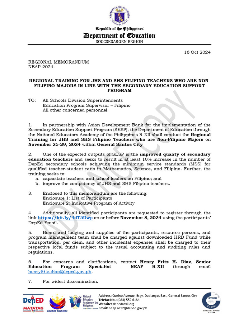 RM NEAP SESP Training Filipino Non Majors | PDF