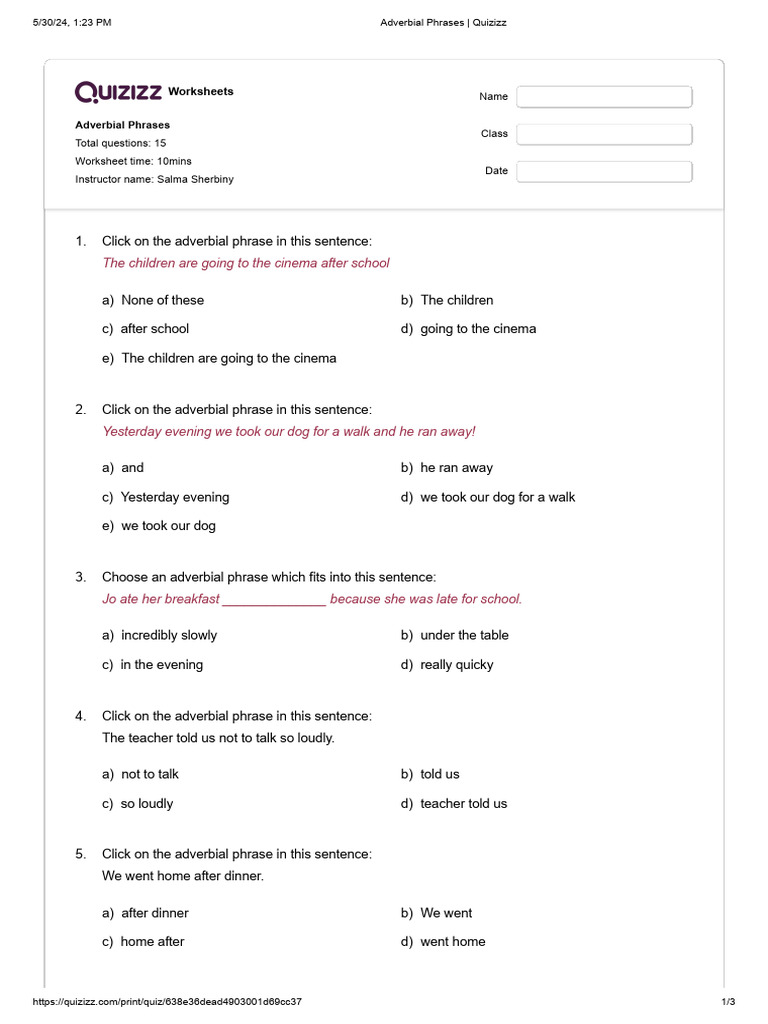 Adverbial Phrases - Quizizz | PDF | Adverb | Syntax