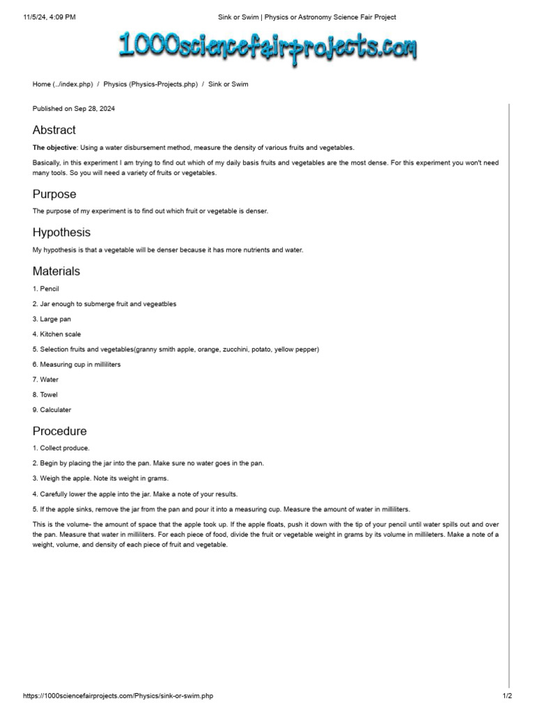 Sink or Swim - Physics or Astronomy Science Fair Project | PDF ...