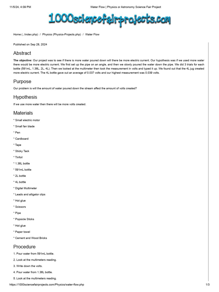 Water Flow - Physics or Astronomy Science Fair Project | PDF | Water ...