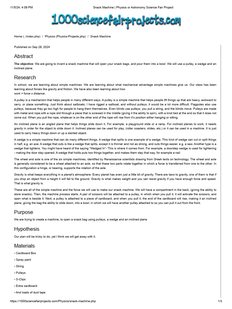 Snack Machine - Physics or Astronomy Science Fair Project | PDF ...